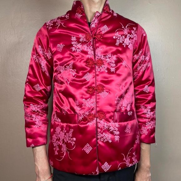 Jackets & Coats | Pinky Red Silk Jacket Vintage Cozy Quilted Floral ...